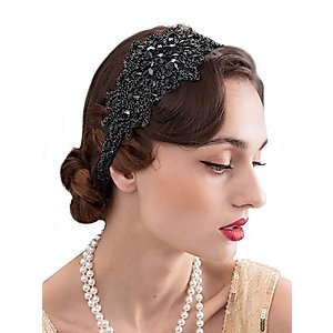 SWEETV Black Rhinestone Flapper Headband-Elastic 1920s Headpiece, Great Gatsby Hair Accessories for Women