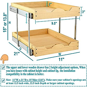 OCG 2 Tier Pull Out Drawers for Cabinets 11" W x 21" D, Double Tier Slide Out Wood Cabinet Organizer, Pull Out Shelves for Base Cabinet Organization in Kitchen, Pantry, Bathroom