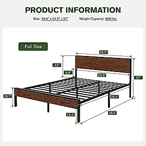 IMUsee Full Size Bed Frame with Wood Headboard and Footboard Platform, Heavy Duty Metal Frame with 12" Under Bed Storage, No Box Spring Needed, Noise Free, Brown