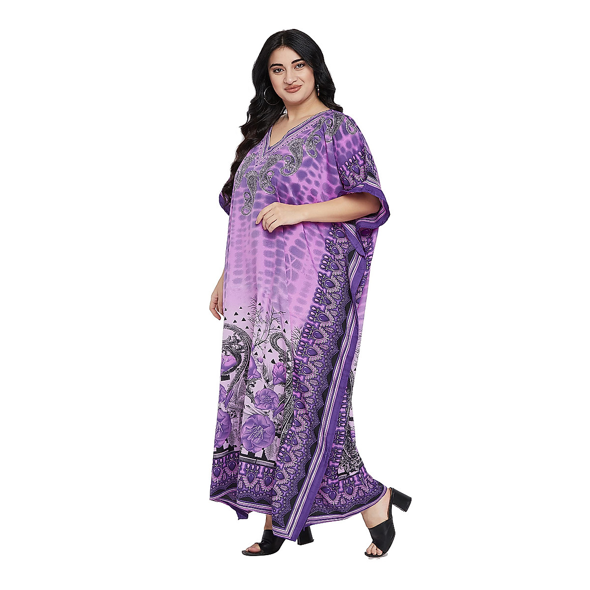 Oussum Women Plus Size Kaftans Kimono Style Polyester Dresses Loose Caftan Dress Ladies Evening Casual Long Maxi (Multicolor Yellow Pattern)