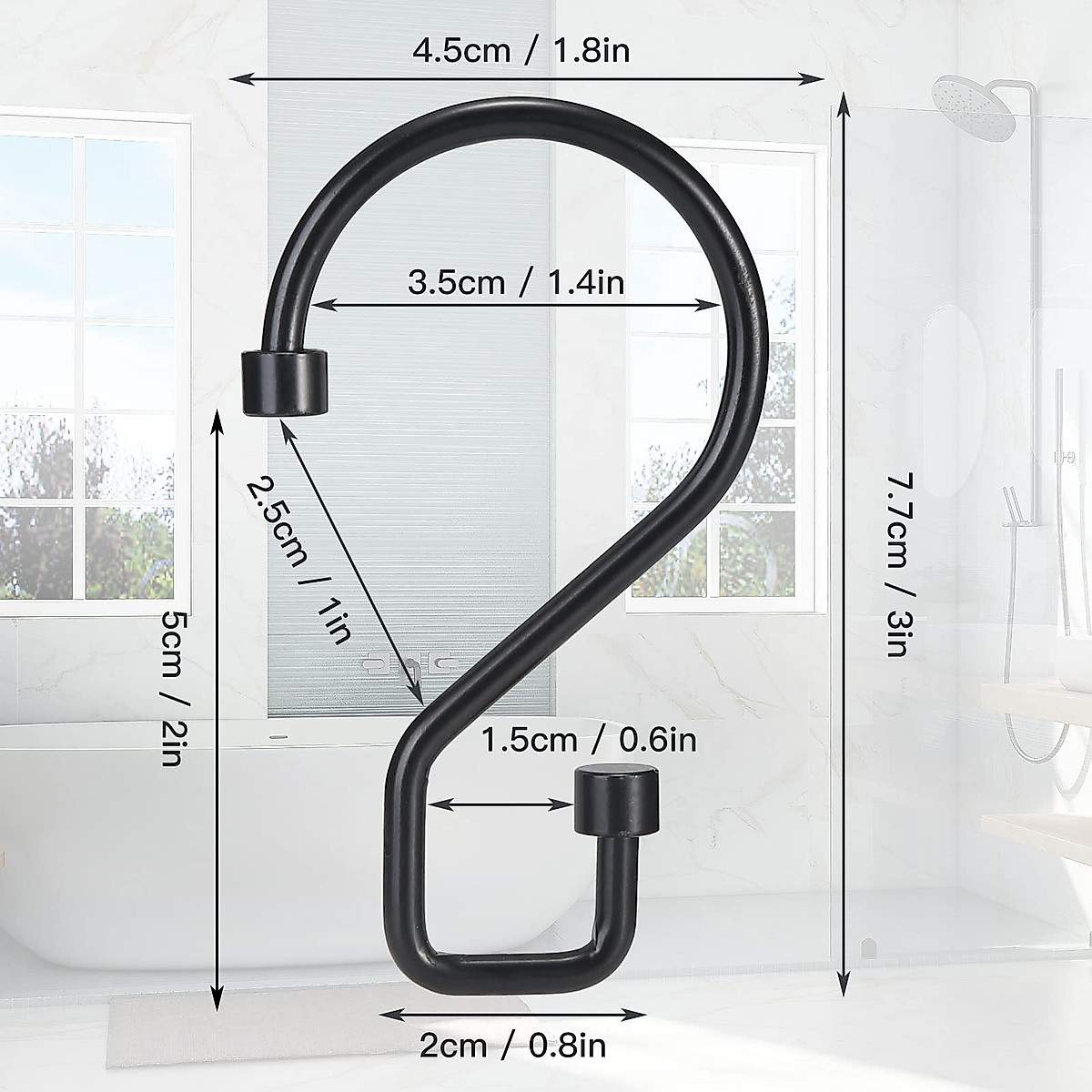 Goowin Shower Curtain Hooks, 12 Pcs S Shape Shower Curtain Rings, Rustproof Black Shower Curtain Rings, Multi-Functional Shower Hooks for Shower Curtain, Kitchen Utensils, Clothing, Towels, Black