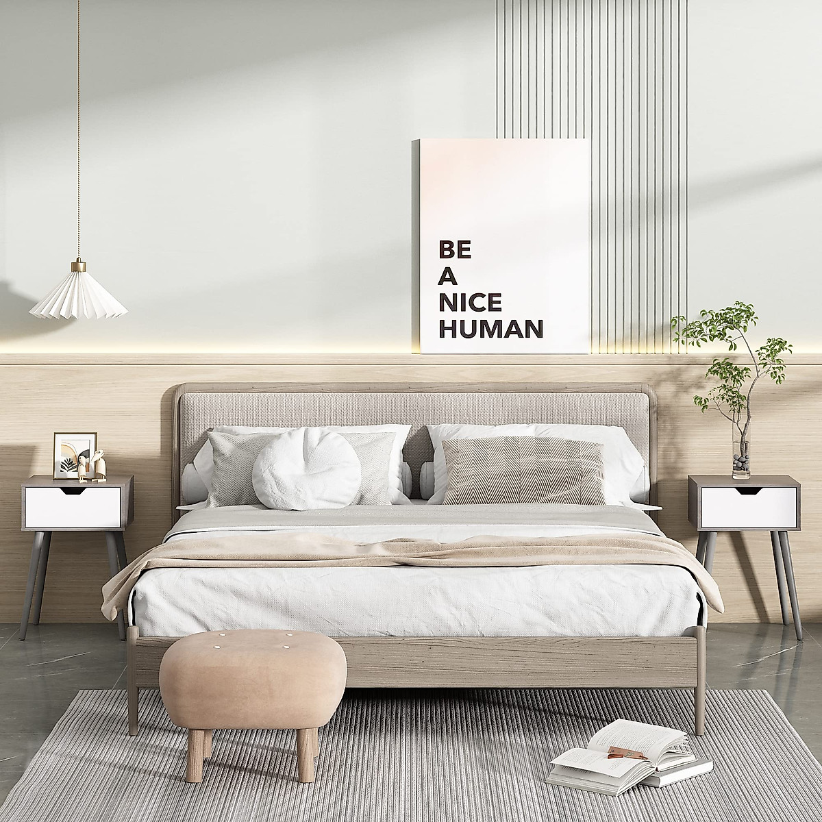 JAXPETY Set of 2 Modern Wood Nightstand, Bedside Table with Drawer, Night Stand, End Table with Solid Wood Legs for Bedroom Home, Grey