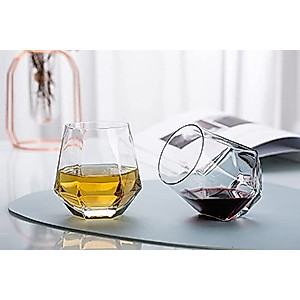 JBHO Stemless Wine Glasses Set of 6, Red or White Small Wine Glass set, 10oz Diamond Shaped, Unique Short Tumblers, Cocktail Glass, Nice Gift-Packaging for Housewarming, Birthday,Valentine,NewYear