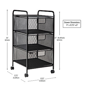 Mind Reader Rolling Storage Cart, Removable Drawers, Desk and Bathroom Organizer, Metal Mesh, 12.75"L x 13.25"W x 25"H, Black