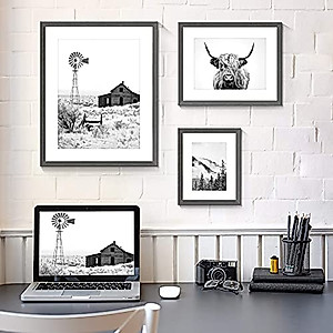SunFlax Farmhouse Animal Framed Wall Art - Highland Yak and Smoky Mountain Picture with Black Wooden Frames for Bathroom, Living Room, Bedroom, Office