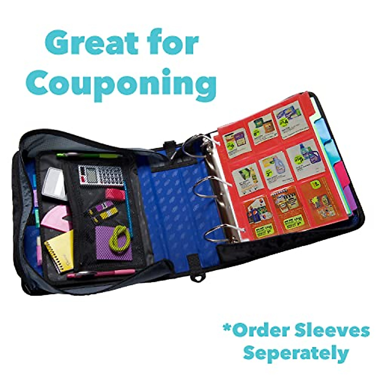 Case-it The Mighty Zip Tab Zipper Binder - 3 Inch O-Rings - 5 Color Tab Expanding File Folder - Multiple Pockets - 600 Sheet Capacity - Comes With Shoulder Strap - Blue D-146