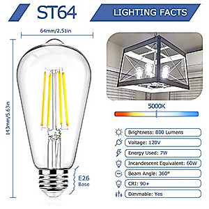 12Packs Vintage LED Edison Bulbs, 60W Equivalent 7W, 800Lumens, Dimmable ST64 Antique LED Filament, Daylight White 5000K, E26 Medium Base Light Bulbs High Brightness Clear Glass for Bedroom Office