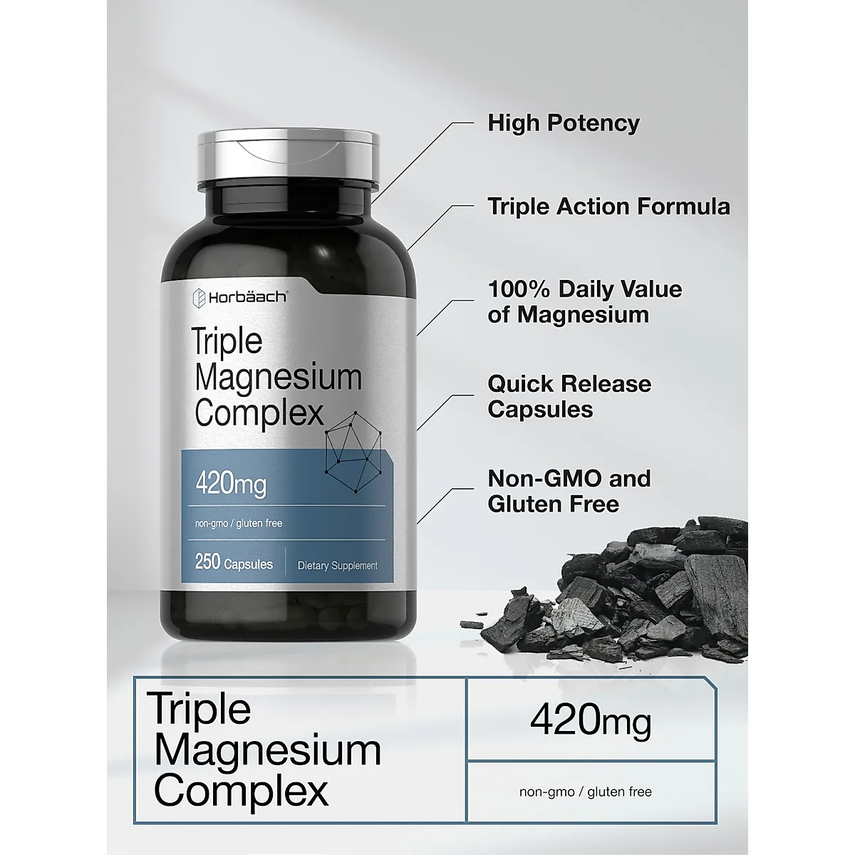 Horbäach Triple Magnesium Complex | 420 mg | 250 Capsules | Non-GMO and Gluten Free Formula | Magnesium Oxide, Citrate, and Aspartate Dietary Supplement