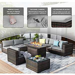 GREZJXC 4 Pieces Outdoor Sectional Patio Furniture Set with Fire Pit Table,PE Rattan Wicker Patio Sectional Conversation Set with Cushions and Glass Coffee Table Grey