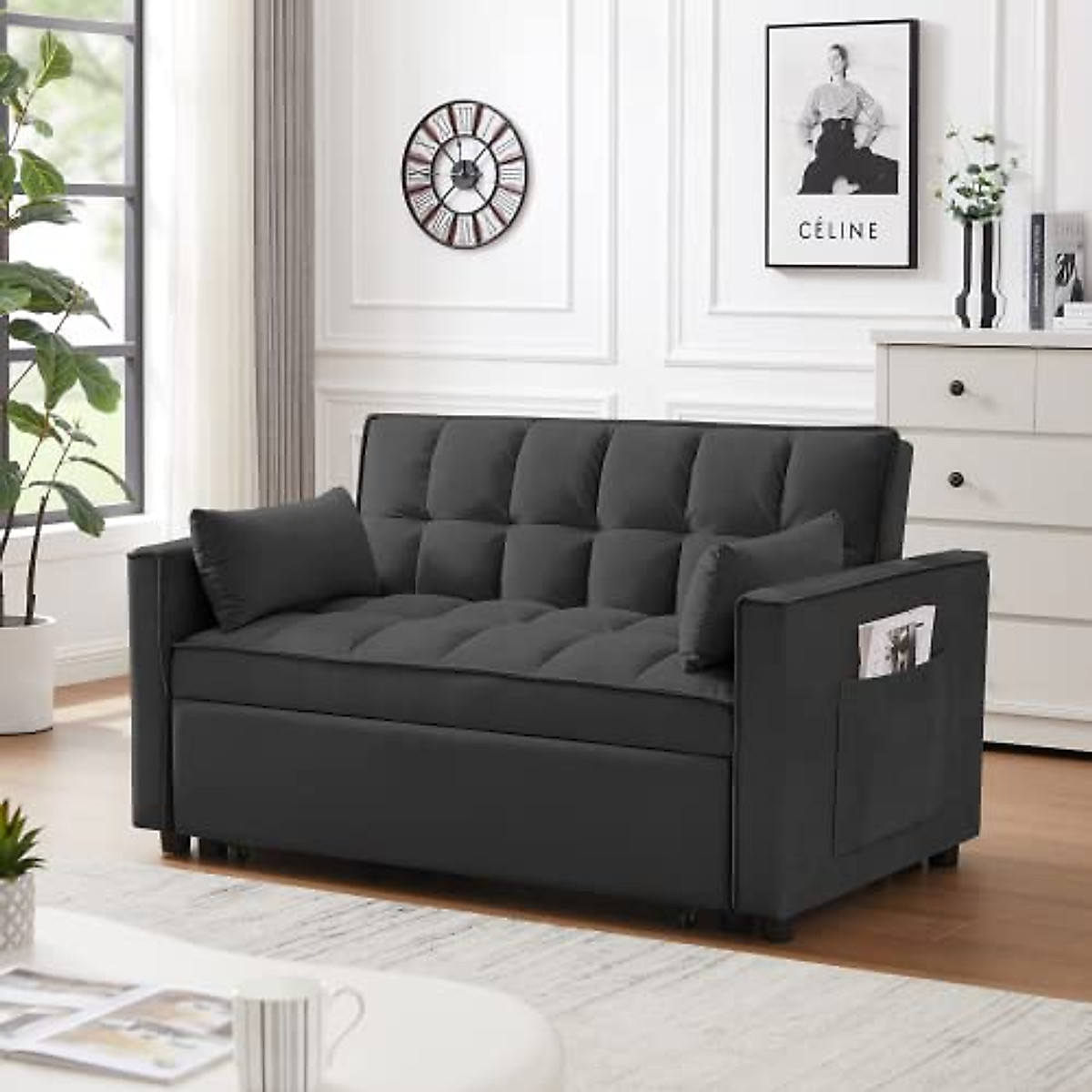akucvor 55" Pull Out Couch Bed Sleeper Sofa, 3 in 1 Convertible Sleeper Sofa Bed, Lounge Loveseat Futon Sofa with Reclining Backrest, Toss Pillows, Pockets, Black