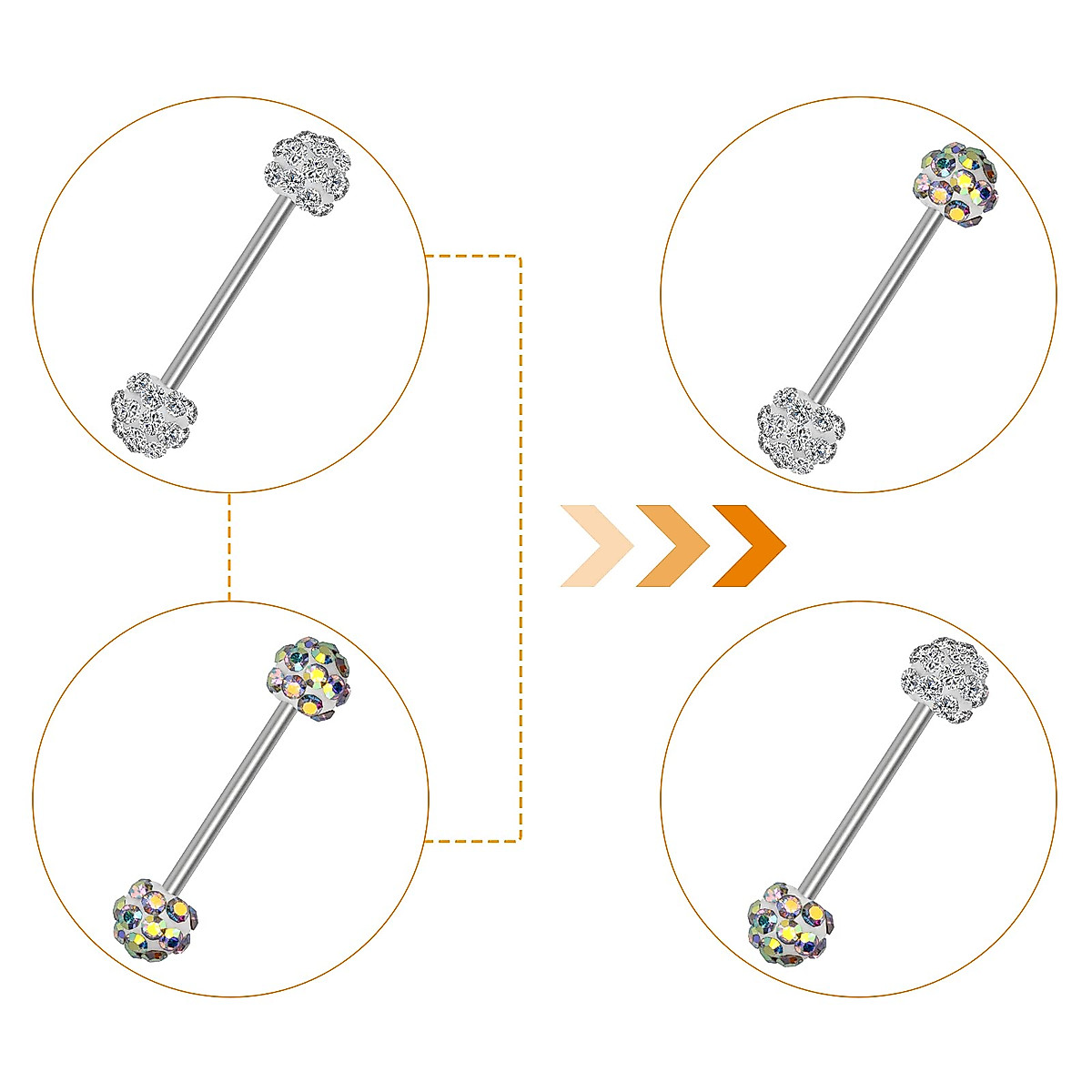 CrazyPiercing 10Pcs CZ Tongue Rings 16G Tongue Piercing with Straight Stainless Steel Barbell Bar Piercing Jewelry 14mm Length