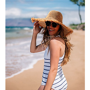 XOCARTIGE Sun Hats Women Straw Hats Wide Brim Summer Beach Hats Foldable Fringed Floppy Fedora Hats Summer Vacation Accessory (Brown)