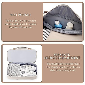 Weekender Bags for Women, Personal Item Travel Bag with Shoes Compartment, Overnight Travel Duffel Bag with Wet Pocket & Trolley Sleeve,Gym Bag,Beige & Brown