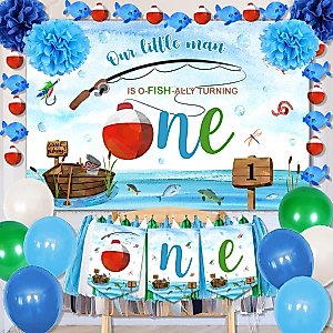 O Fishally One First Birthday Decorations,Gone Fishing Party Supplies Include Fish Bobber Banner,Our Little Man Is Ofishally Turning One Backdrop Balloons for Baby Boy 1st Birthday Supplies