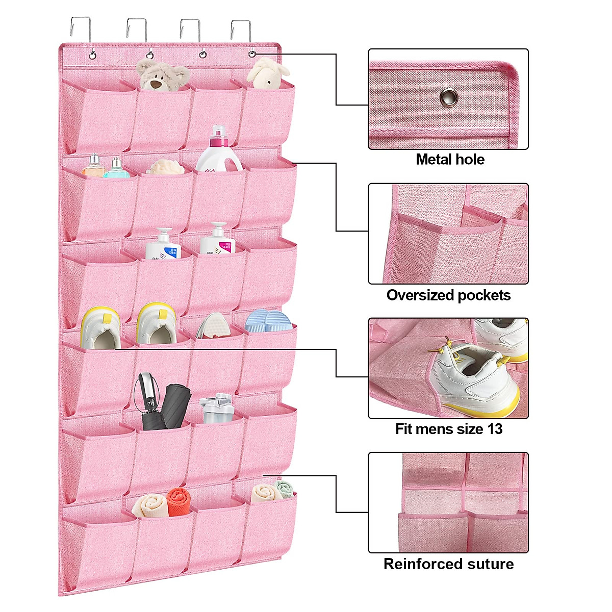 Pink Shoe Organizer Over the Door for Girls Women Kids Room,Hanging Shoe Rack Organizer for Closet Door,Zapateras Storage Holder with 24 Large Pockets & 4 Sturdy Hooks for Shoes,Slippers