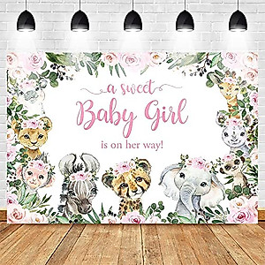 Mocsicka Girl Safari Baby Shower Backdrop Jungle Animals Sweet Baby Girl Background Pink Floral Greenery Baby Shower Party Cake Table Decoration Photo Booth Props (7x5ft)