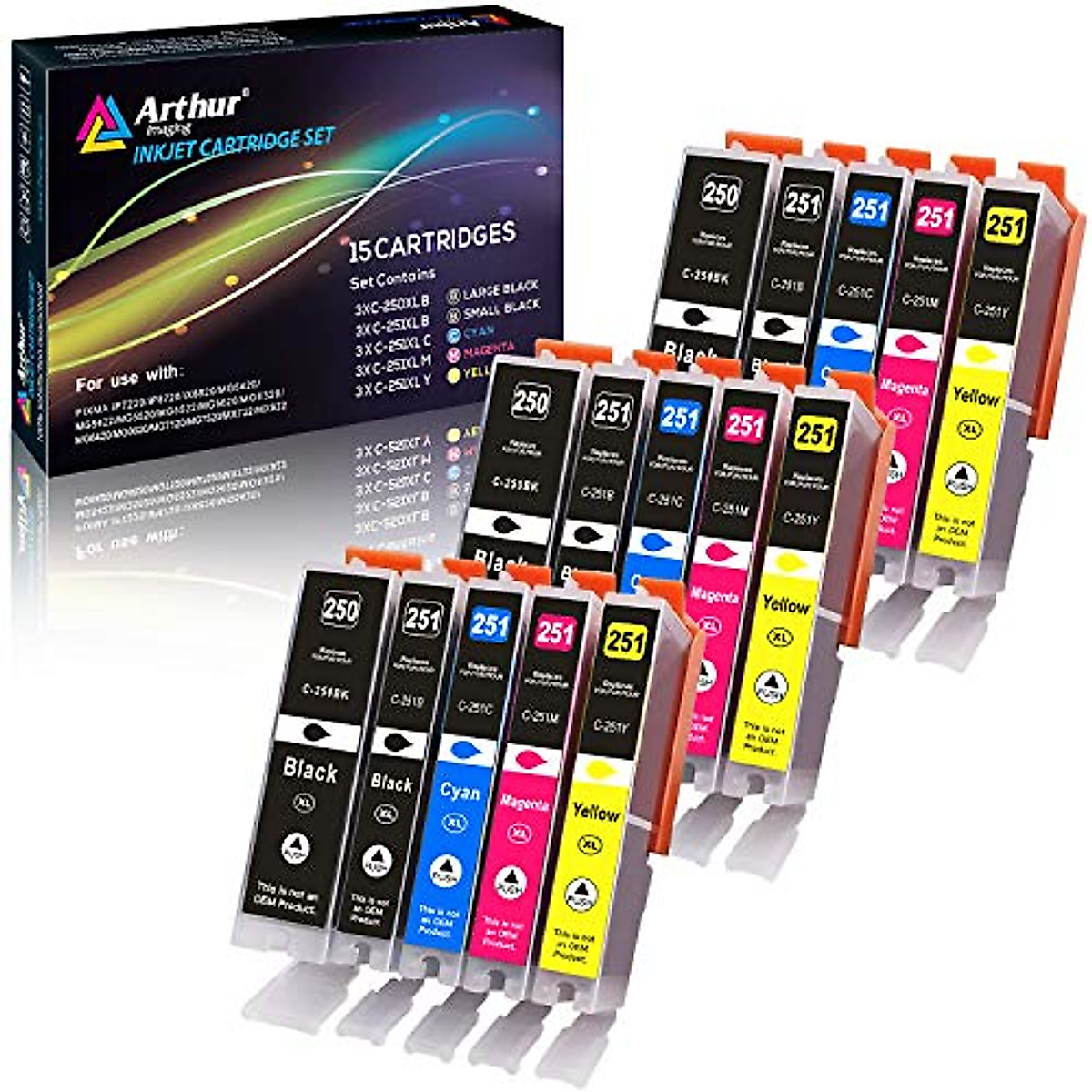 Arthur Imaging Compatible Ink Cartridge Replacement for 250XL 251XL (3 Large Black, 3 Small Black, 3 Cyan, 3 Yellow, 3 Magenta, 15-Pack)