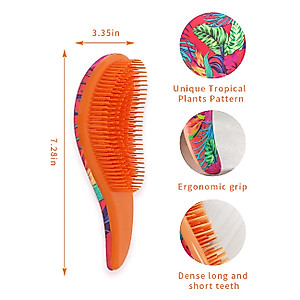 Detangling Hairbrush and Comb Set - Detangling Brush for Wet, Dry, Curly, Women & Kids Hair with Wide Tooth Comb and 3 Alligator Styling Sectioning Clips of Professional Hair Salon Quality (Tropica Plants)