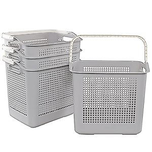 Easymanie 4 Pack 35 L Plastic Laundry Basket Clothes Hamper with Handle, Gray, F
