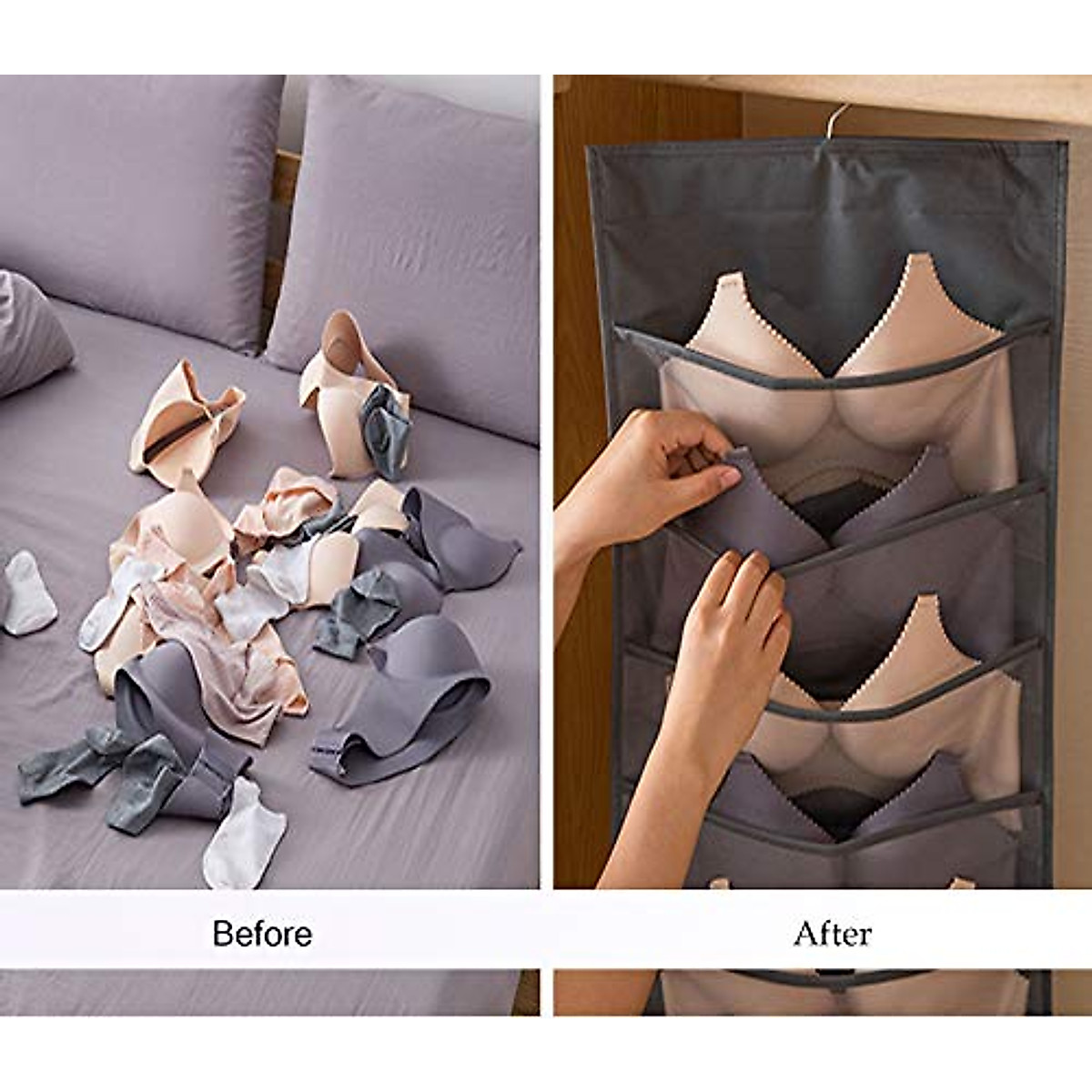 ST-BEST-P Bra and Underwear Hanging Storage Organizer Mesh Pockets Dual Sided Wall Shelves Space Saver Bag Sock Underpants Drawer Closet Clothes Rack (Gray:(6+18pockets))
