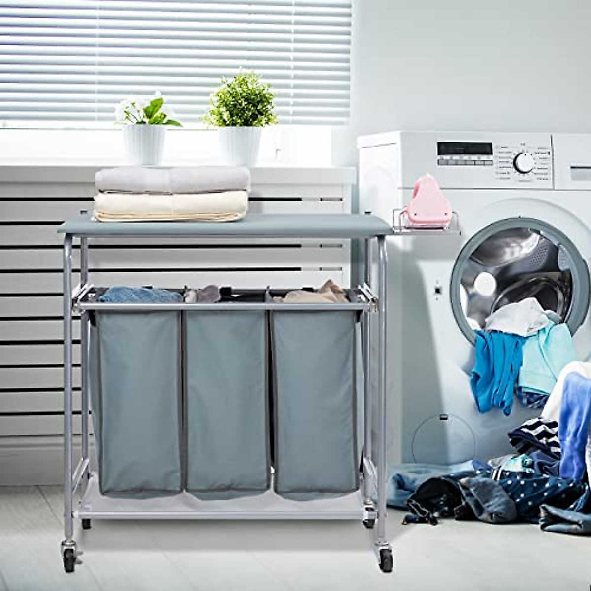 ALIMORDEN Laundry Sorter with Ironing Board Iron Rack Rolling Laundry Basket with Side pull 3-Bag Heavy-Duty Laundry Room Organizer Clothes Hamper with 4 Wheels and lid Blue Grey