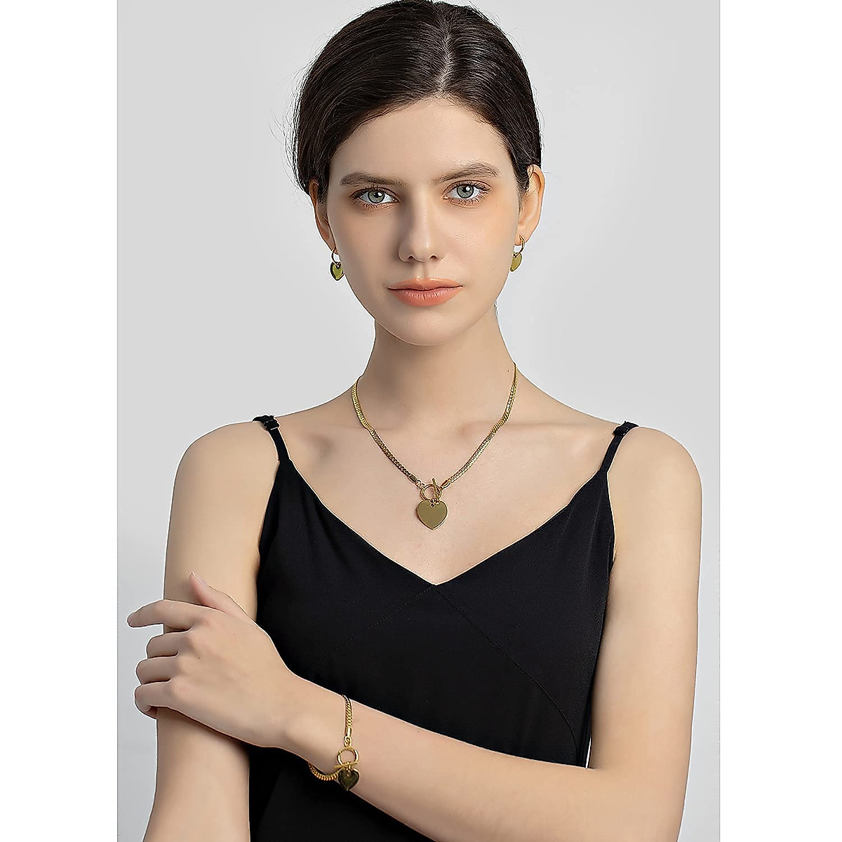 CLASSYZINT Heart Pendant Necklace and Bracelet Heart Hoop Dangle Earrings 14k Gold Plated Stainless Steel Gold Jewelry Set for Women