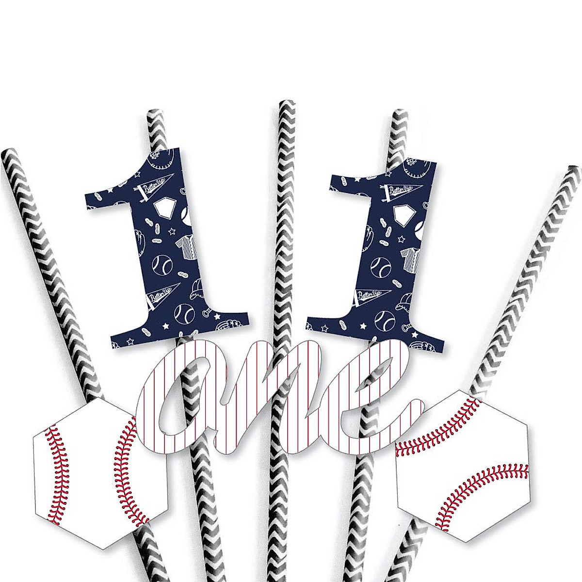 Big Dot of Happiness 1st Birthday Batter Up - Baseball - Paper Straw Decor - First Birthday Party Striped Decorative Straws - Set of 24