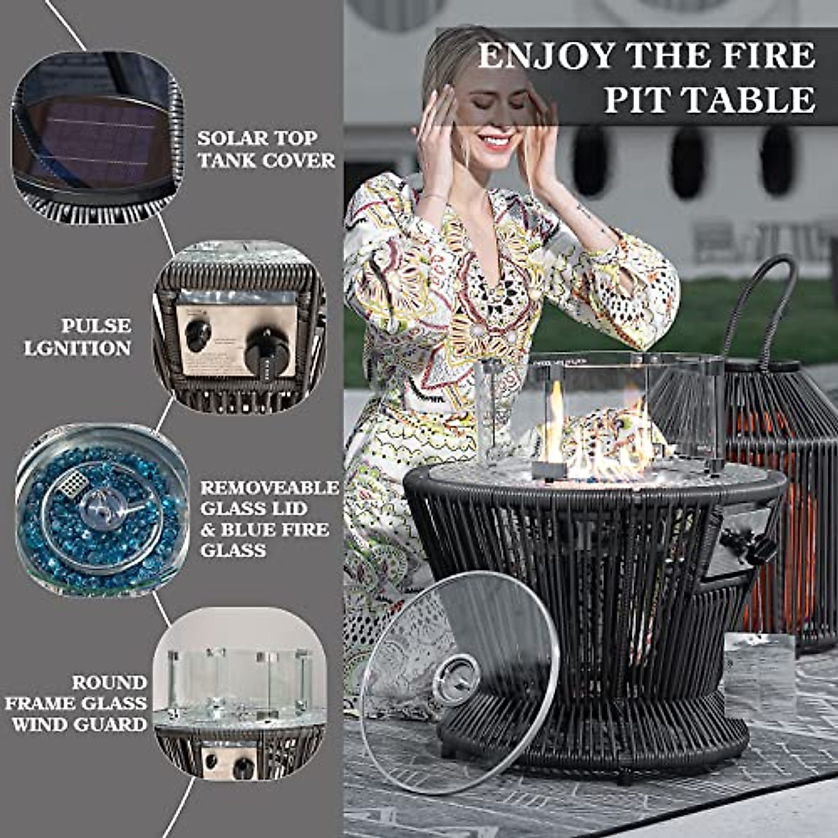 BULEXYARD 3 Piece Outdoor Egg Chair with Propane Fire Pit Table, Wicker Patio Egg Chair Set w/Natural Gas Firepit for Backyard, Porch, Deck (Dark Grey)