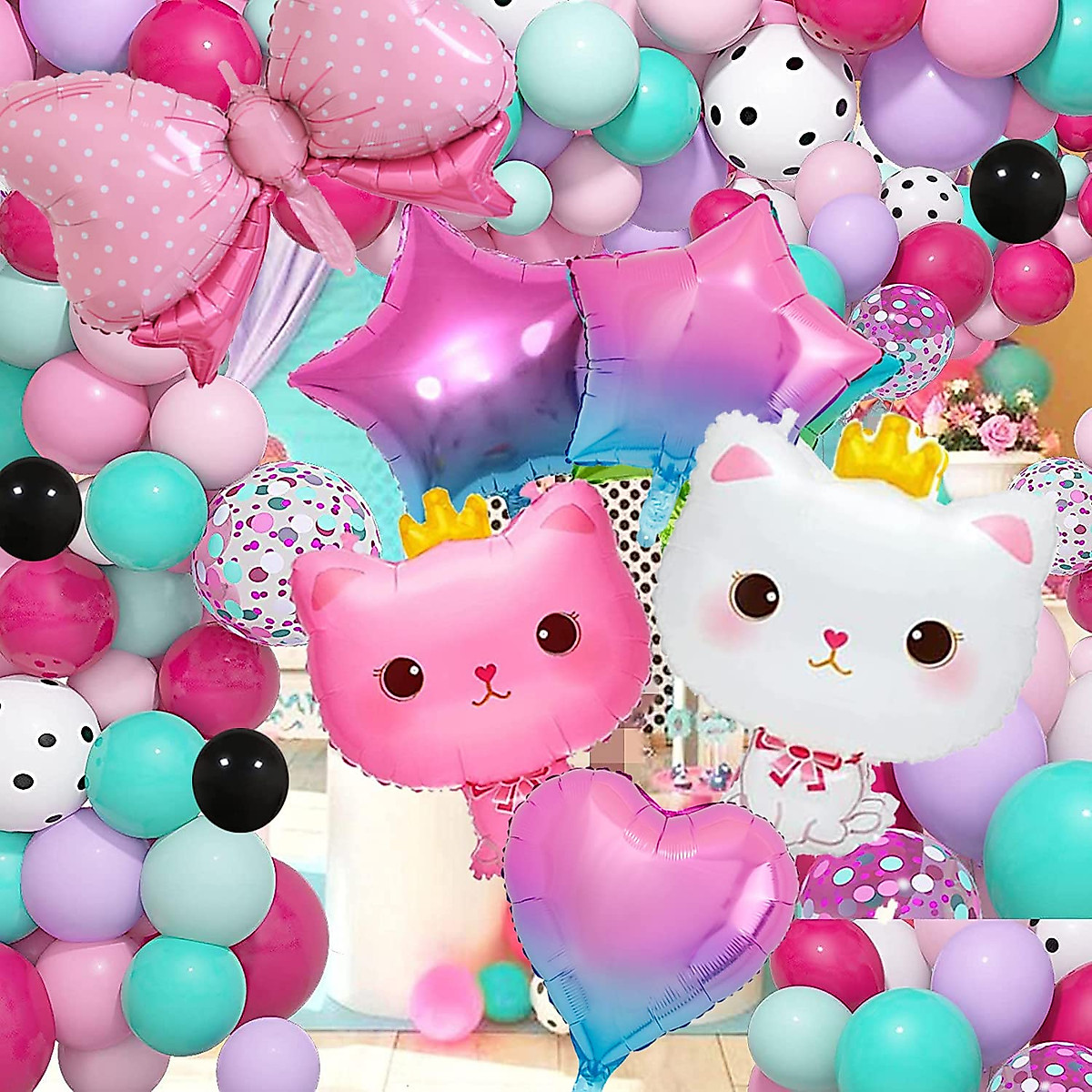 139 PCS Surprise Balloon Garland Arch White Pink Cat Bowknot Stars Heart Foil Balloons for Girls Baby Birthday Baby Shower Wedding Surprise Party Decorations