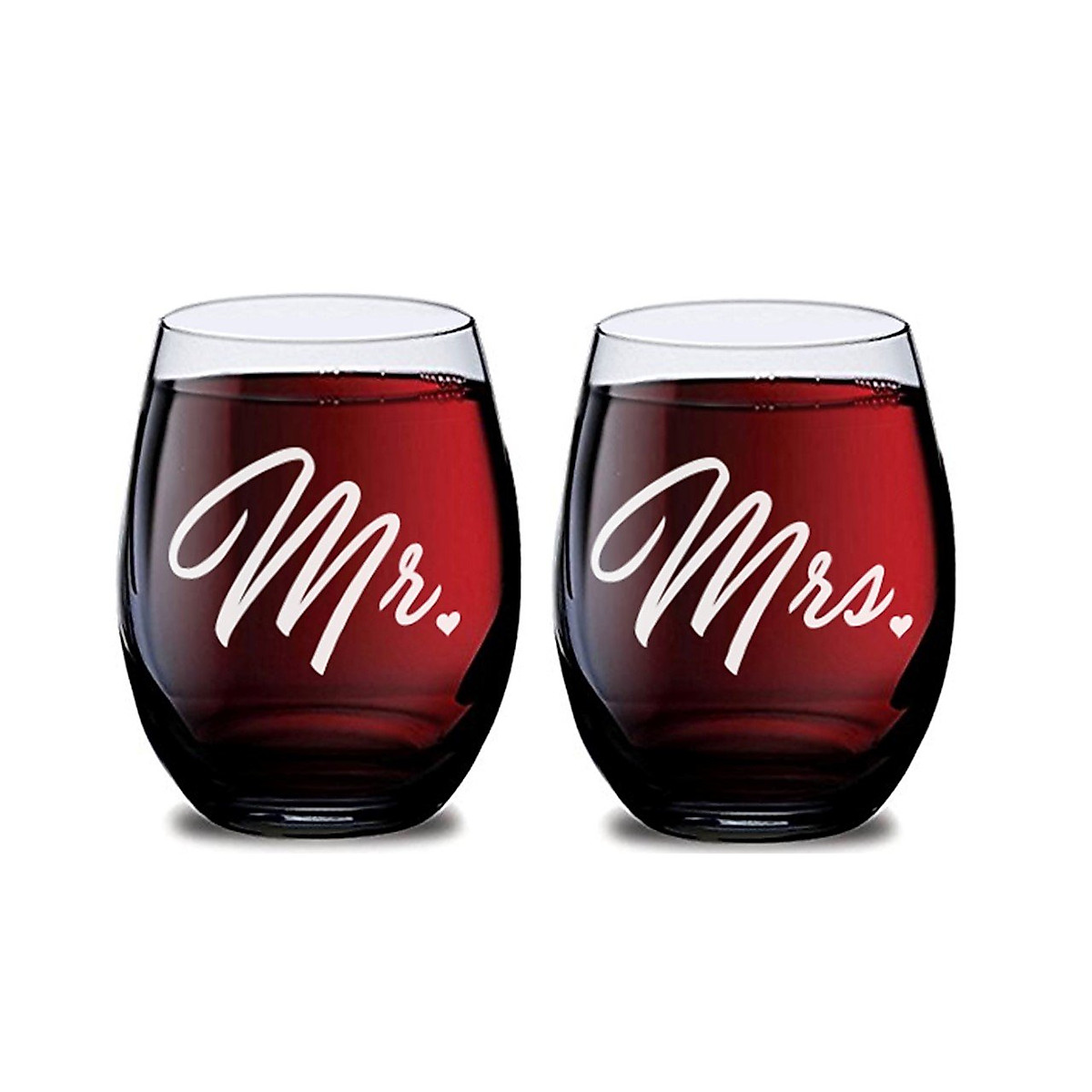 GSM Brands Mr and Mrs Stemless Wine Glasses for Bride and Groom Wedding Celebration (Set of 2), Made of Unbreakable Tritan Plastic and Dishwasher Safe - 16 Ounces