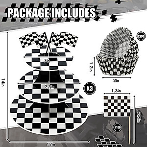 3 Sets Race Car Party Decorations 3 Tier Round Cardboard Cupcake Stand for Racing Cars Birthday Party Supplies 100 Checkered Baking Cups Liners 100 Race Car Flag Black and White Fast Party Decorations