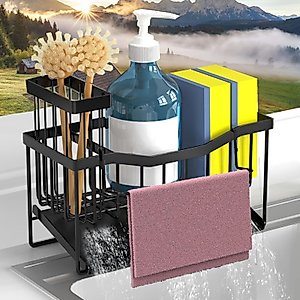 VILCEN Sponge Holder for Kitchen Sink with Auto Draining Tray,Kitchen Sink Caddy Organizer with Rag Holder, Rustproof 304 Stainless Steel Kitchen Organizers, Soap Dispenser Storage Countertop