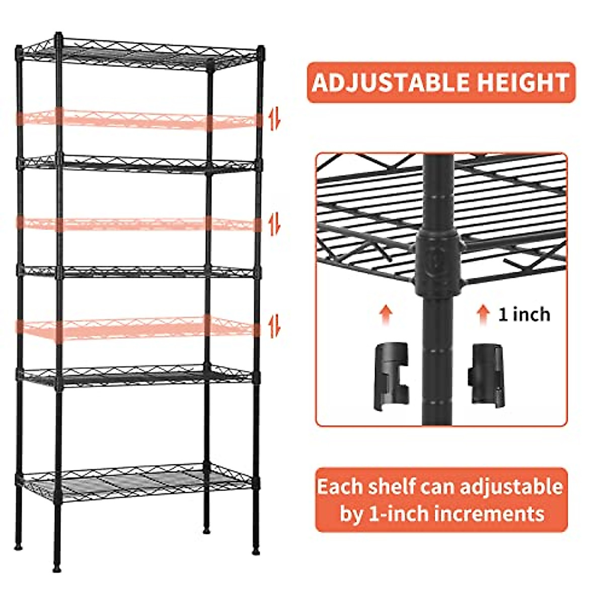 YYkokocat 5-Tier Wire Shelving Adjustable Metal Shelving Unit 48" H Storage Shelves Wire Rack Shelf Organizer for Closet Bathroom Kitchen, 750LB Capacity, 21.5L x 11.6W x 47.6H, Black