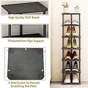 SORCEDAS Shoe Rack Organizer 7 Tier Vertical Storage Stand Narrow Shelf for Small Spaces Entryway Corner Closet Door Bedroom Black (Black + Rustic Dark Brown, 7 Tier-Small)