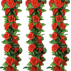 Vopie 4 Pack Fake Rose Vine Flowers Plants 32.2 FT Artificial Flower Hanging Rose Ivy Home Hotel Office Wedding Party Garden Craft Art Decor (Red)