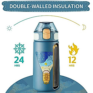 Kids Water Bottle 16 oz Stainless Steel 18/10 Vacuum Insulated Water Bottle Wide Mouth Flask with Leak proof Straw Lid for School Blue