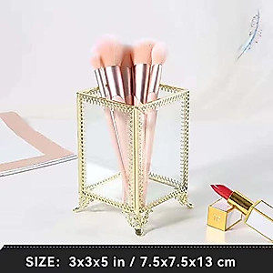 Makeup Brush Holder Vintage Glass Handmade Organizer with White Pearls for Nail Brush, Vanity, Bathroom, Dresser, Countertop - Gold
