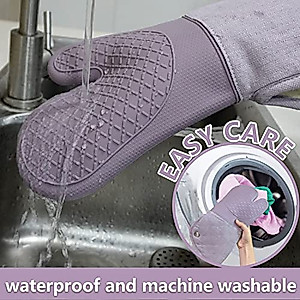 Professional microwave silicone oven mitts Yarn-dyed 1 pair and Kitchen Towels 2 pcs, kitchen lines set for heat resistant with 500 degrees, kitchen gloves pot holder for BBQ cooking baking (Purple)