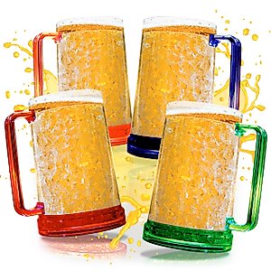 Granatan Beer Mugs with Gel Freezer 16 oz, Double Walled Beer Mugs with Handles, Color Handles Set Of 4