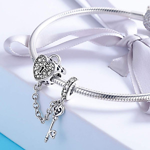 WOSTU 925 Sterling Silver Charms for Bracelets Key Love Heart Cubic Zirconia Bead Charm for Women