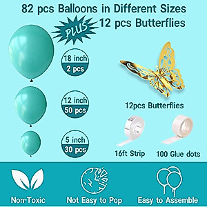 Visondeco Teal Balloons - 94pcs Teal Balloon Garland Kit with Gold Butterflies, 5 Inch 12 Inch 18 Inch Teal Balloon Arch Kit Turquoise Balloons