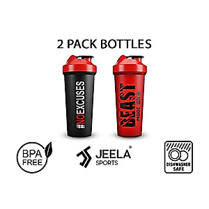 JEELA SPORTS - 2 PACK Protein Shaker Bottles for Protein Mixes With Shake Ball - 24 Oz, Dishwasher Safe Blender Shaker Bottles, Shaker Cup for Protein Shakes for Pre & Post Workout- Gifts, Gym