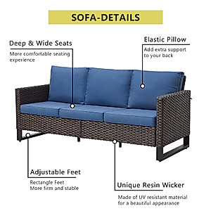 HUMMUH 10 Piece Patio Furniture Set PE Wicker 3 Outdoor Sectional Sofa Set with Patio Chairs Dinning Table Ottomans for Porch,Garden,Backyard,Deck(Brown/Blue)