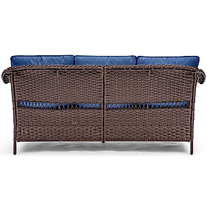 Buenhomino Outdoor Patio Sofa Couch - 3 Seater All Weather Rattan Conversation Sofa Porch Furniture Wicker Sofa with Deep Seat High Backrest for Deck Porch Balcony Garden - Brown/Blue