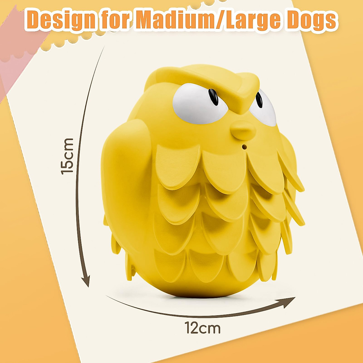 Moonorange Tough Chew Dog Toys for Aggressive Chewers Giggle Ball Owl Rubber Interactive Treat Dispensing Slow Feeder Indestructible Teething Toys for Small Medium Large Dogs (Yellow)