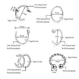 BOPREINA Faux Nose Rings Hoops Set, 12Pcs Stainless Steel Fake Nose Lip Ear Septum Rings Non-Pierced Clip On Cartilage Cuff Earrings Body Jewelry