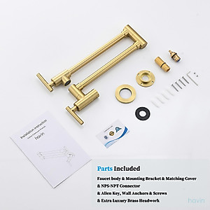 Havin Gold Brass Pot Filler,Wall Mount Commercial Pot Filler Faucet, Copper Material Kitchen Folding Faucet,Coffee Machine Faucet with Stretchable Double Joint Swing Arms,Style A,Brushed Gold