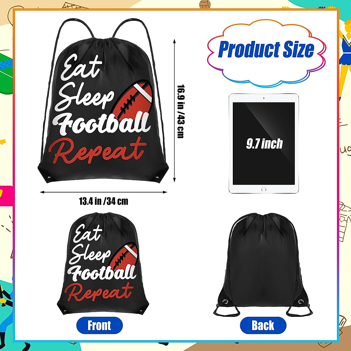 Windyun 16 Pcs Ball Drawstring Backpack Bulk Lightweight Draw String Bags Cinch Bags Drawstring Cinch Sack Tote(Football)