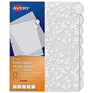 Avery Insertable Style Edge Plastic Dividers for 3 Ring Binders, 8-Tab Set, Assorted White Frosted Designs, 1 Set (11291)