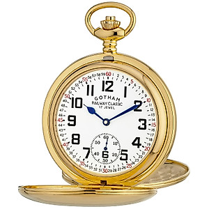 Gotham Men's Gold-Tone Railroad Dial Double Hunter 17 Jewel Mechanical Pocket Watch # GWC18806G